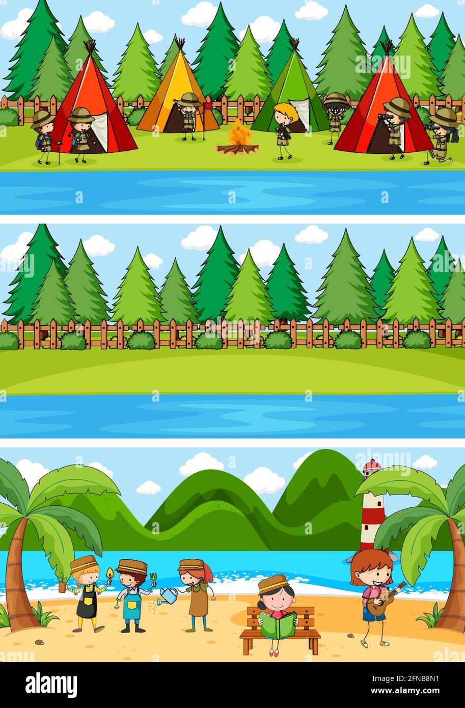 Set of different horizontal scenes background with doodle kids cartoon ...
