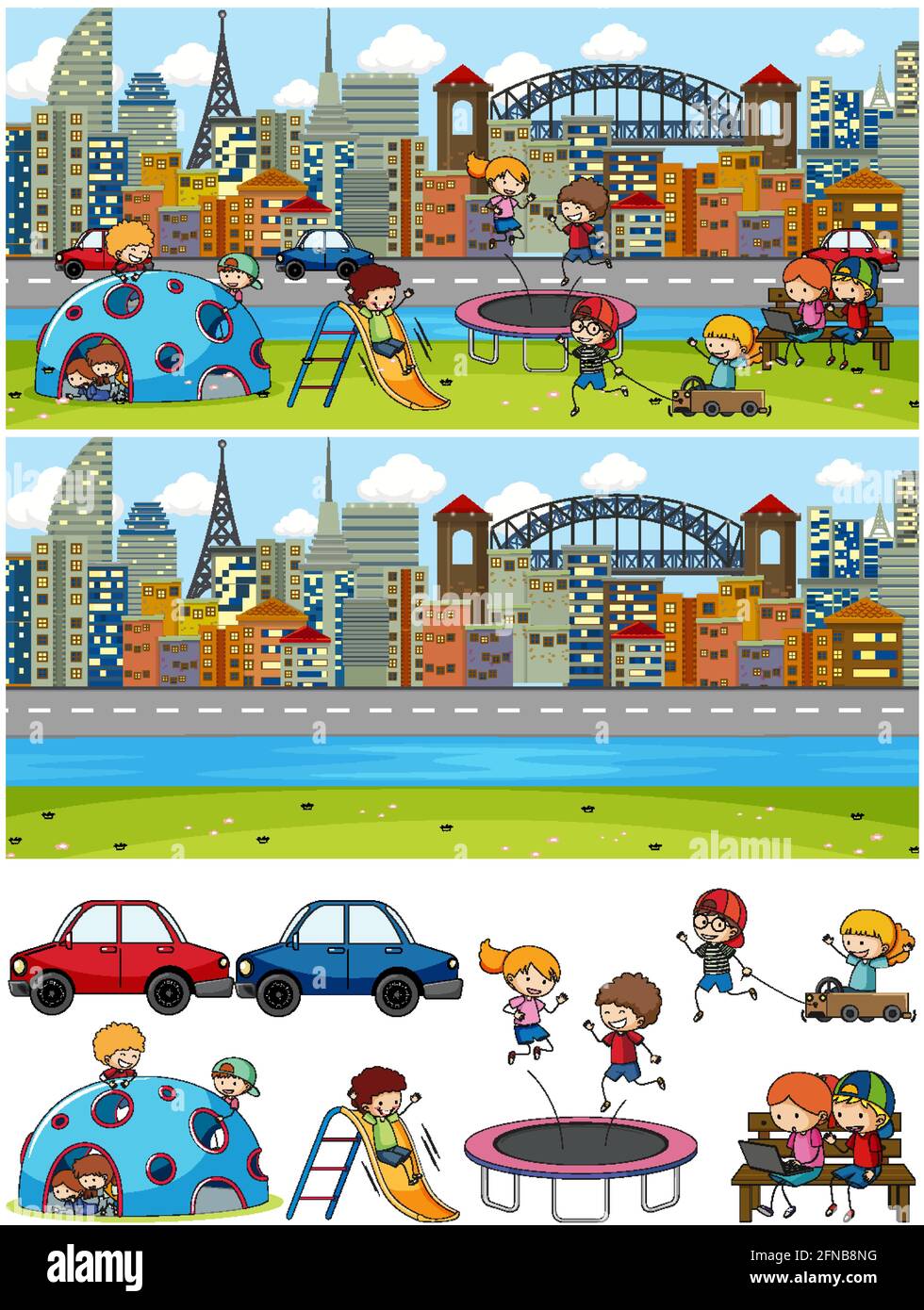 Set of different horizontal scenes background with doodle kids cartoon ...
