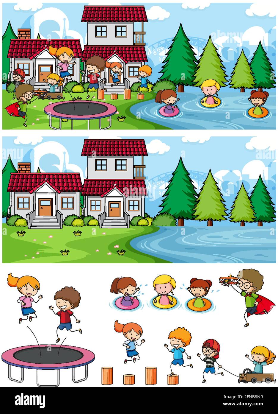Park scene set with many kids doodle cartoon character isolated ...