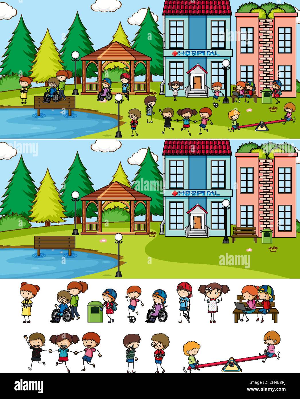 Set of different horizontal scenes background with doodle kids cartoon ...