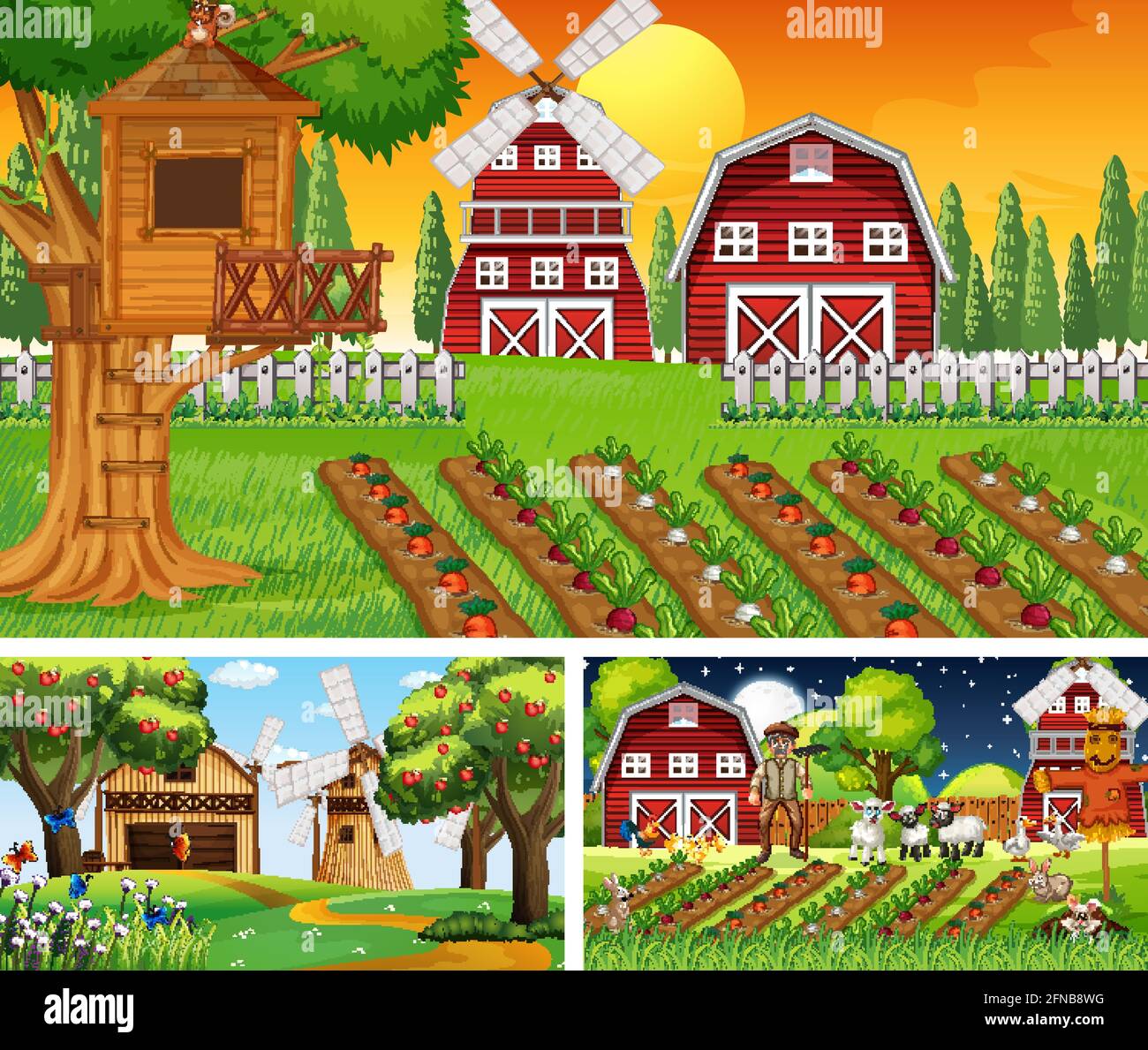 Different farm scenes with old farmer and animal cartoon character ...
