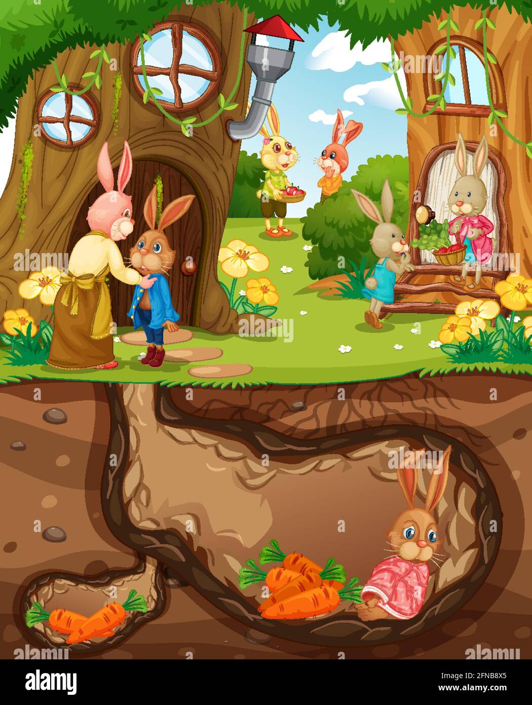 Underground rabbit hole with ground surface of the garden scene ...