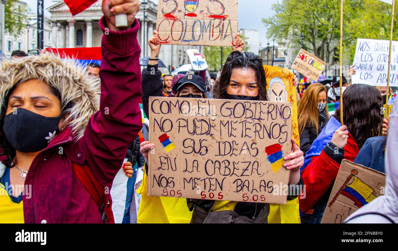 London, United Kingdom - May 5th 2021: Colombian protest at Trafalgar ...