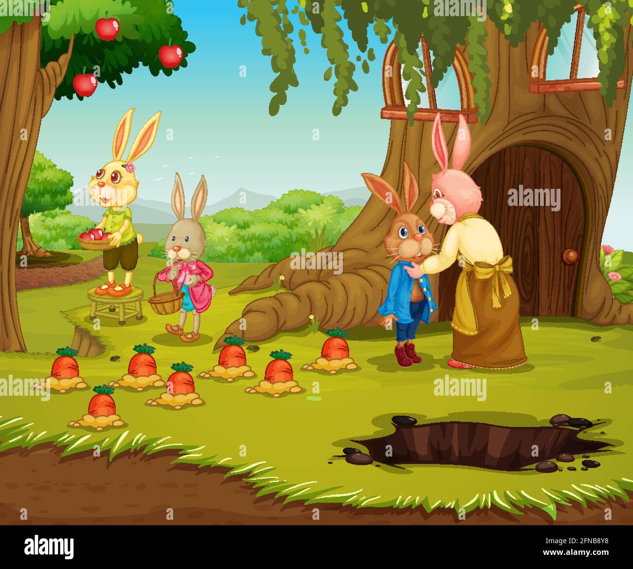 Garden scene with rabbit family cartoon character illustration Stock ...