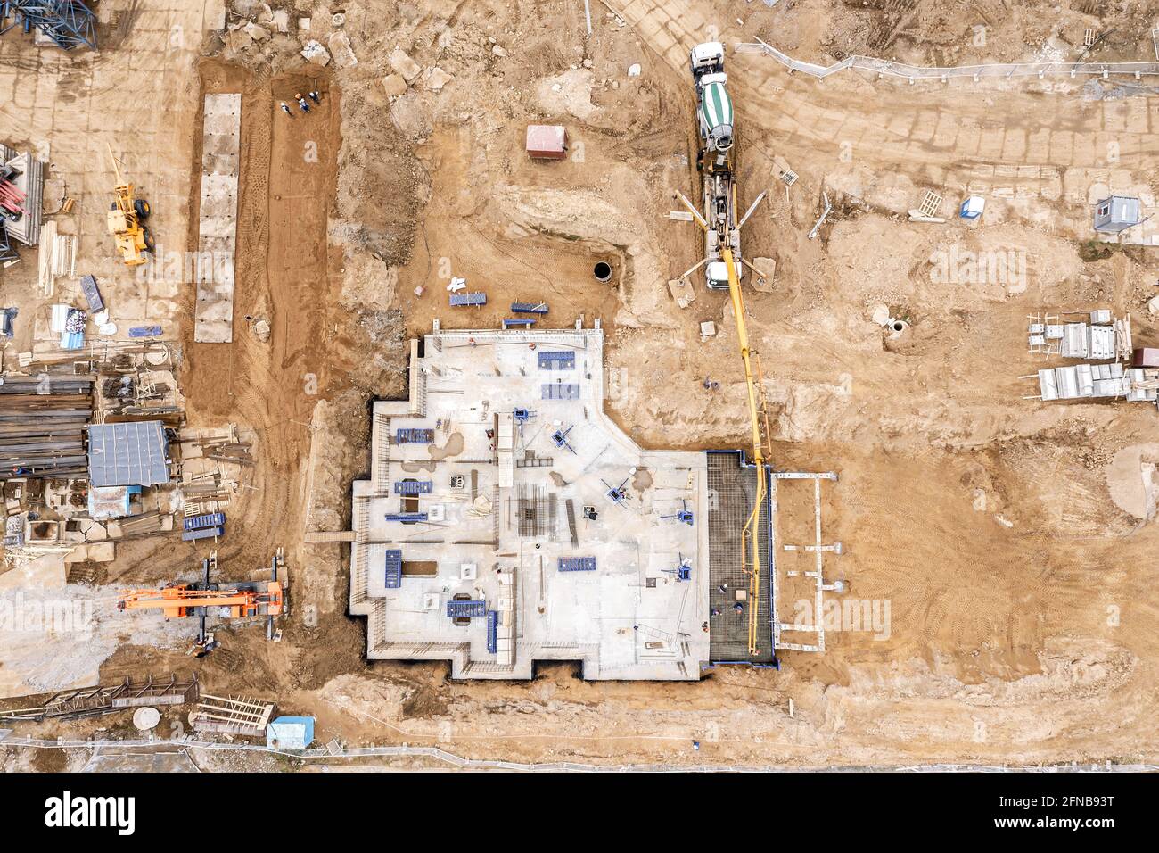 aerial top view of building site. pouring concrete for the foundation ...