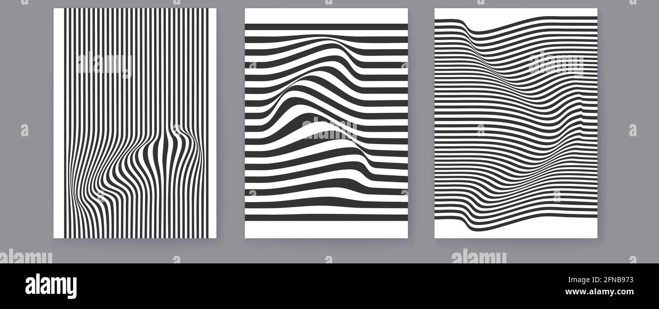 Set of layouts with black and white wavy lines. Halftone pattern ...