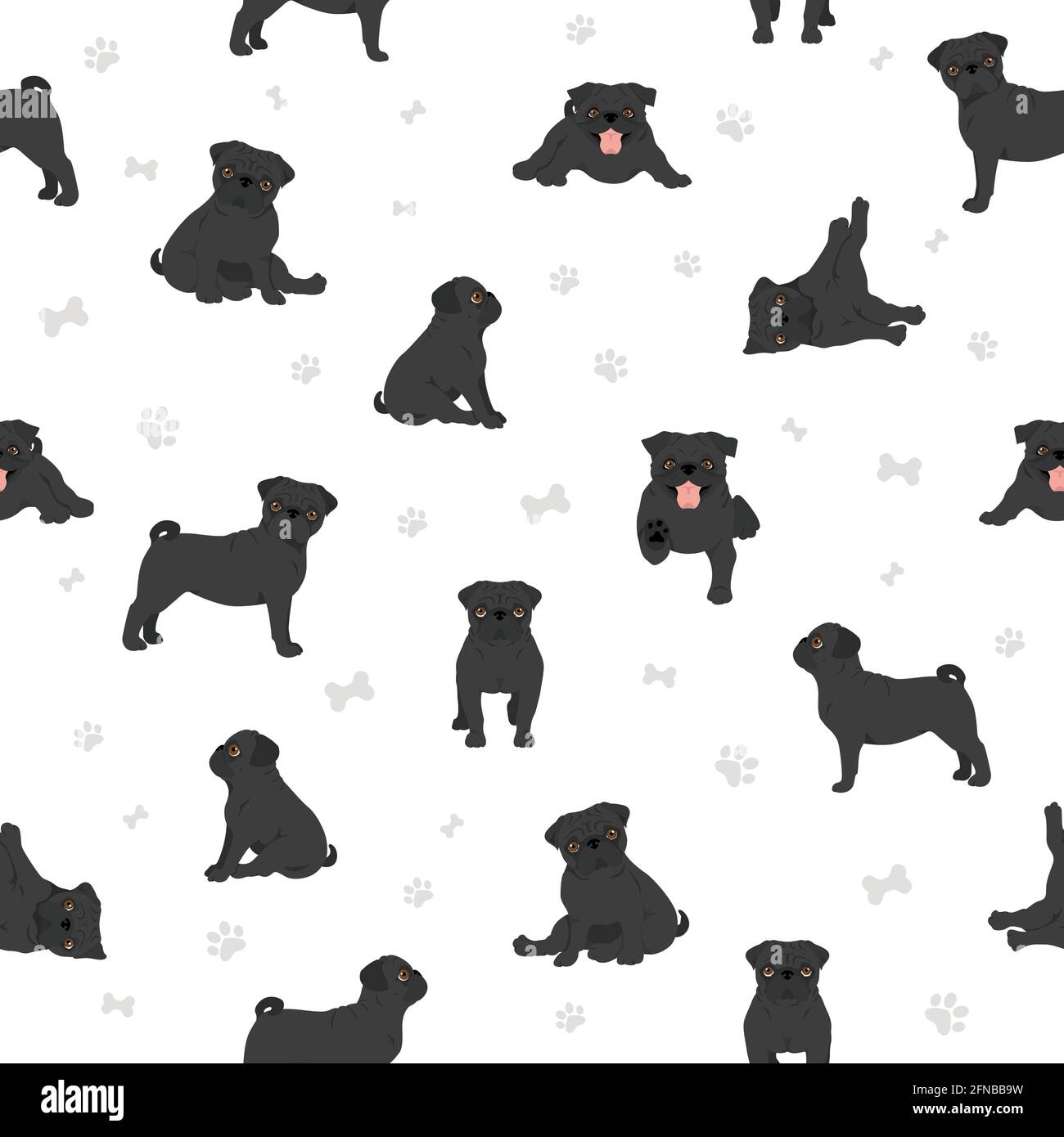Pug seamless pattern. Different poses, coat colors set. Vector ...