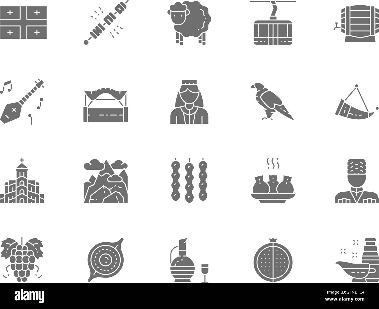 Set of Georgian Culture Grey Icons. People in Ethnic Costume, Sweets ...