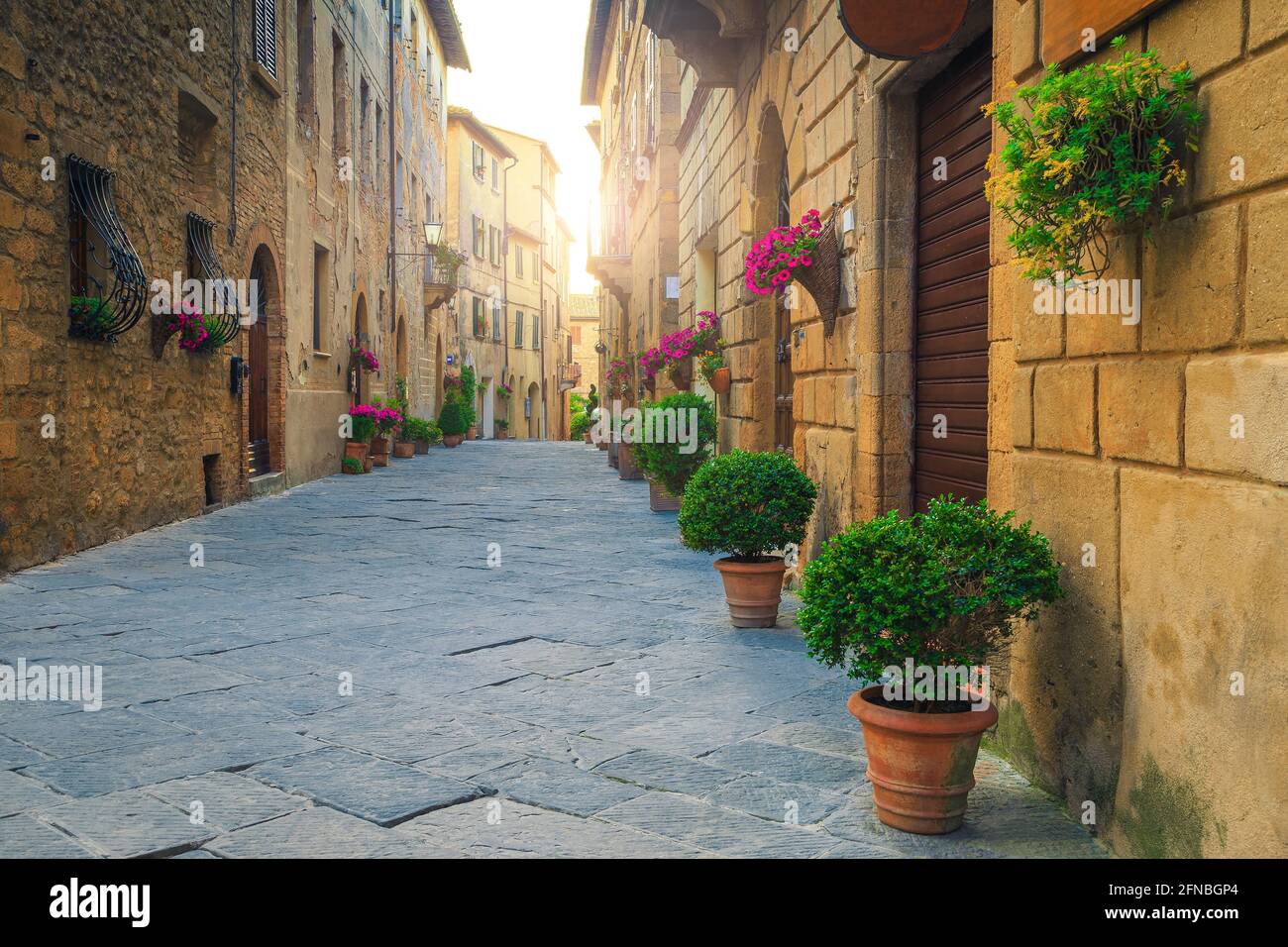 Admirable tuscan street view. Cute medieval stone houses in narrow ...