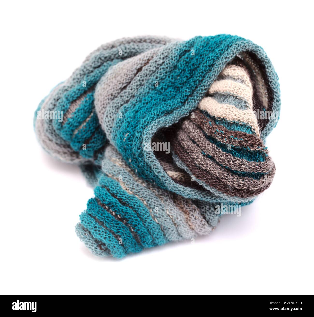 Circular wollen hand knitted scarf with 3d rib pattern isolated on ...