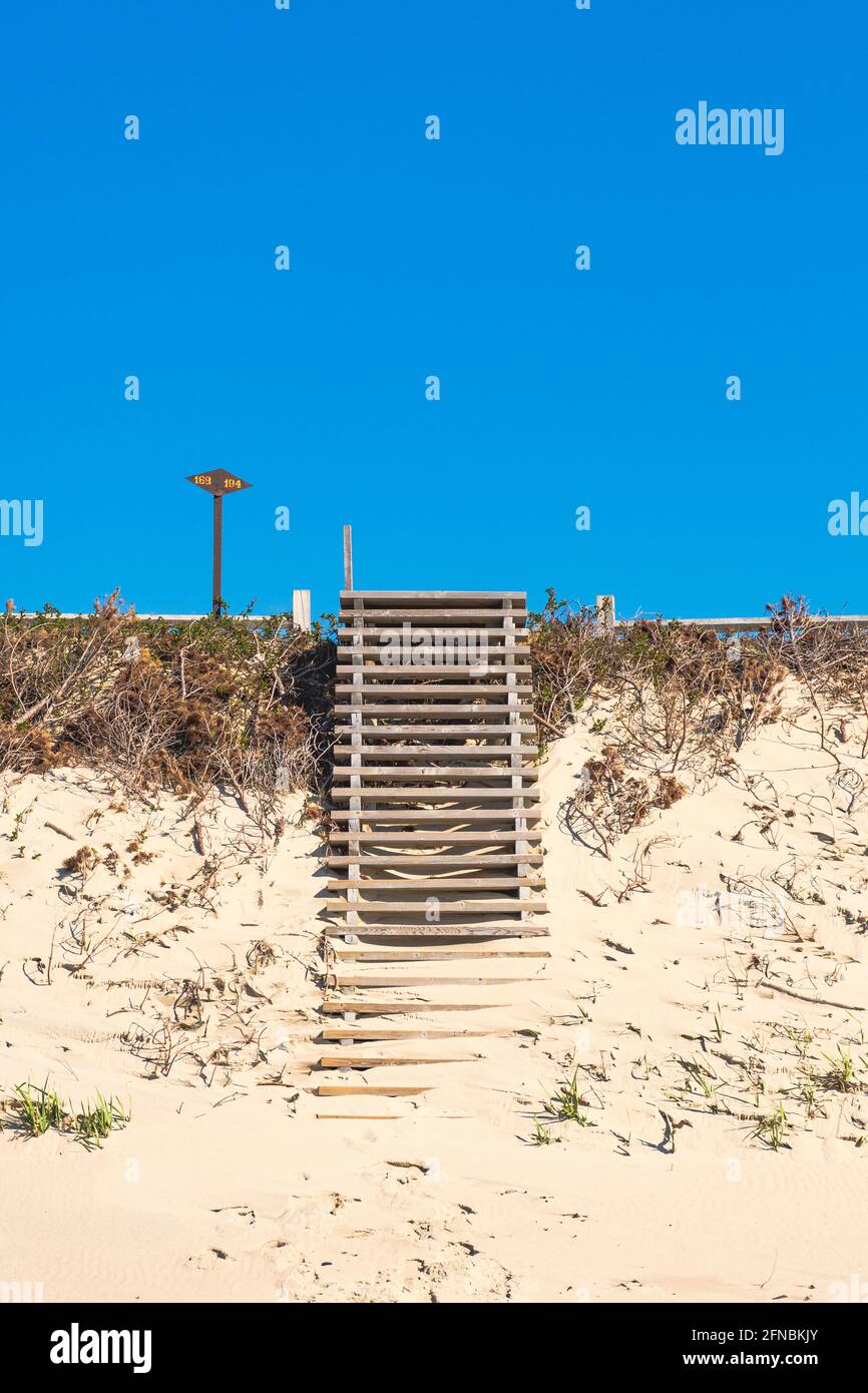 Wooden old stairs going up built on sand hills built by strong winds ...