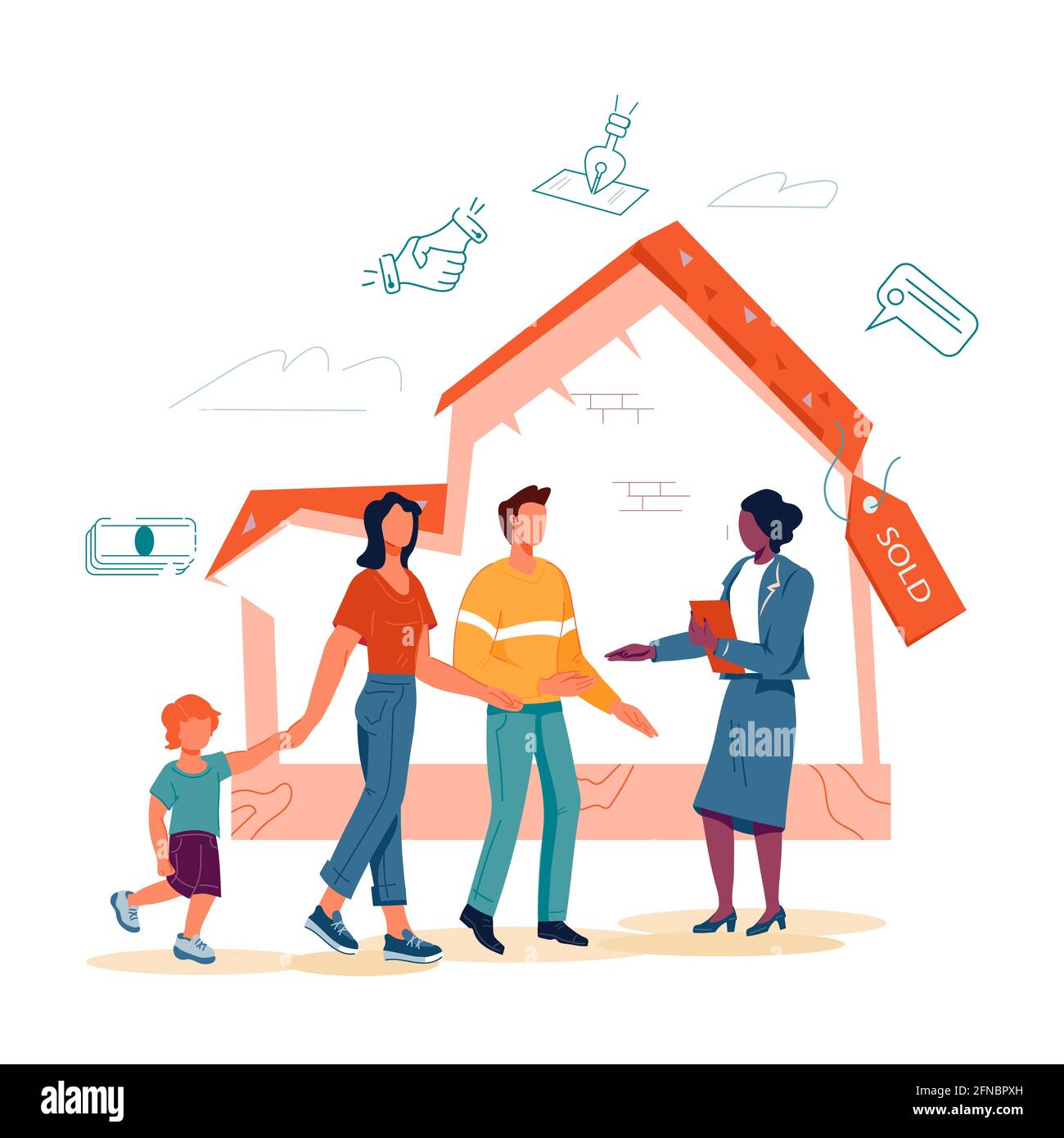 Real estate agent with family make agreement, flat vector illustration ...
