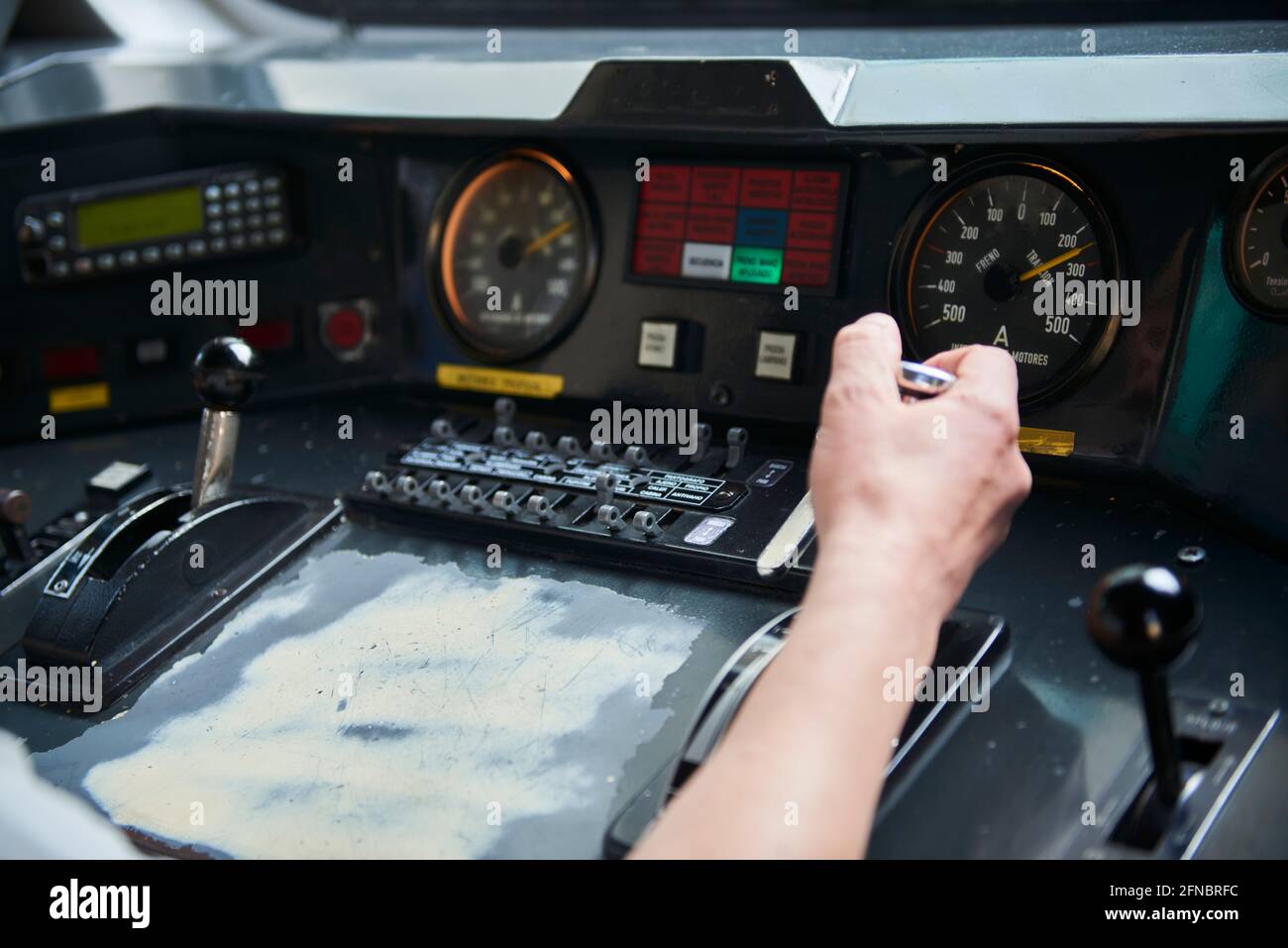Interior view of the pilot hands and instrument panel cockpit of ...