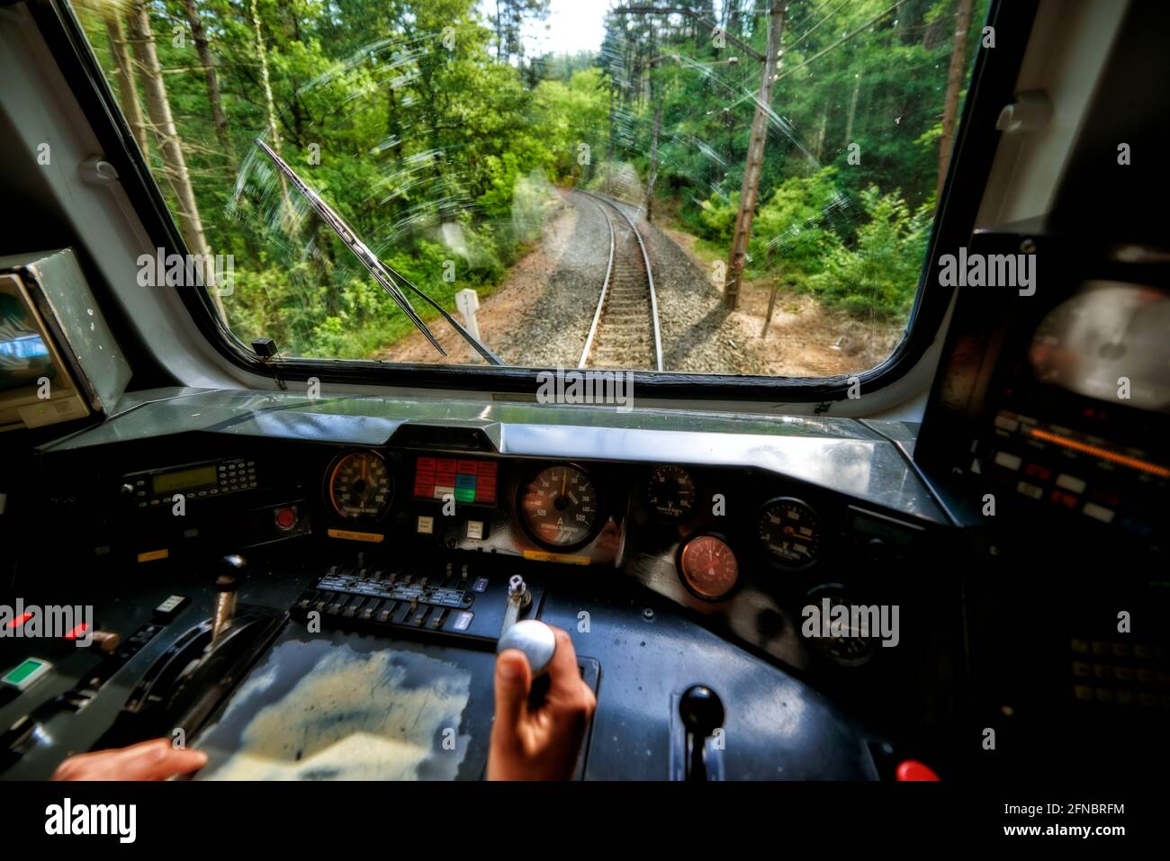 Interior view of the pilot hands and instrument panel cockpit of ...