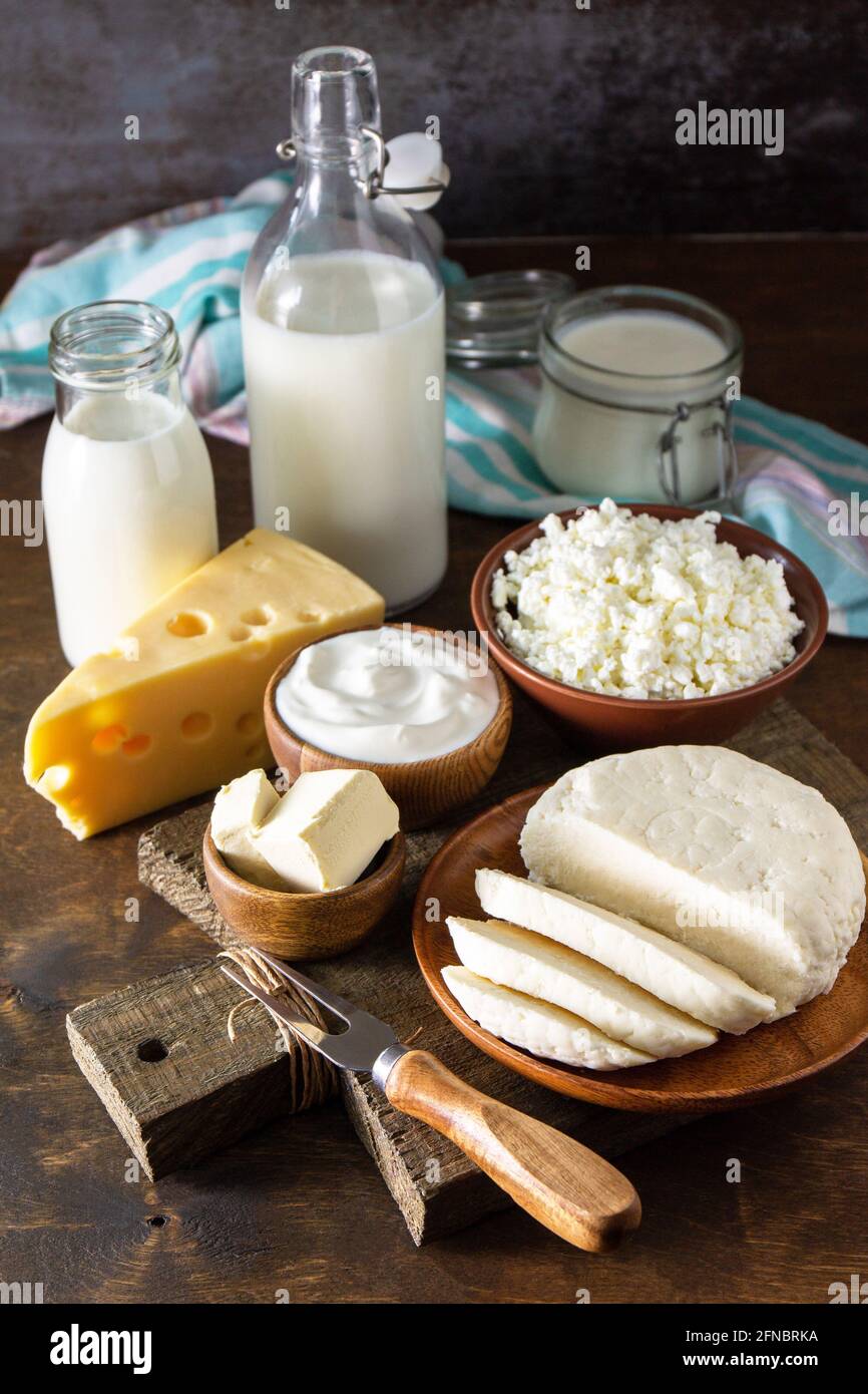 Set of different dairy organic products (milk, sour cream, cottage ...