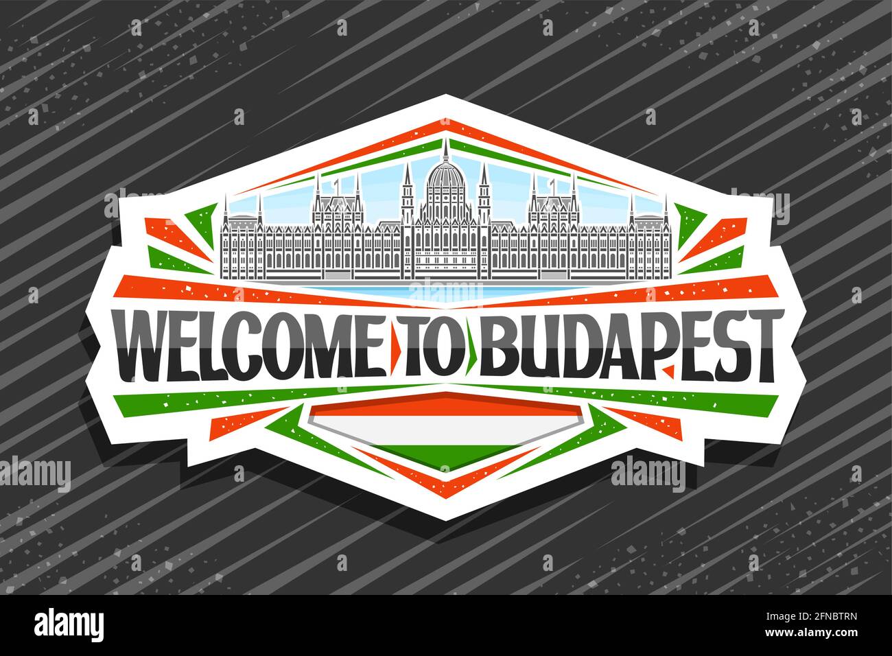Vector logo for Budapest, white decorative sign with illustration of ...