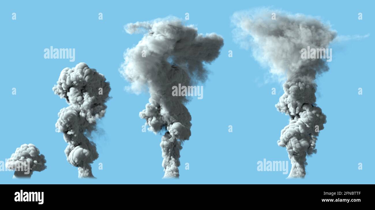 4 images of heavy gray smoke column as from volcano or large industrial ...