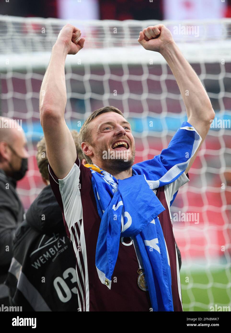 London, UK. 15th May, 2021. Leicester City's Jamie Vardy celebrates ...