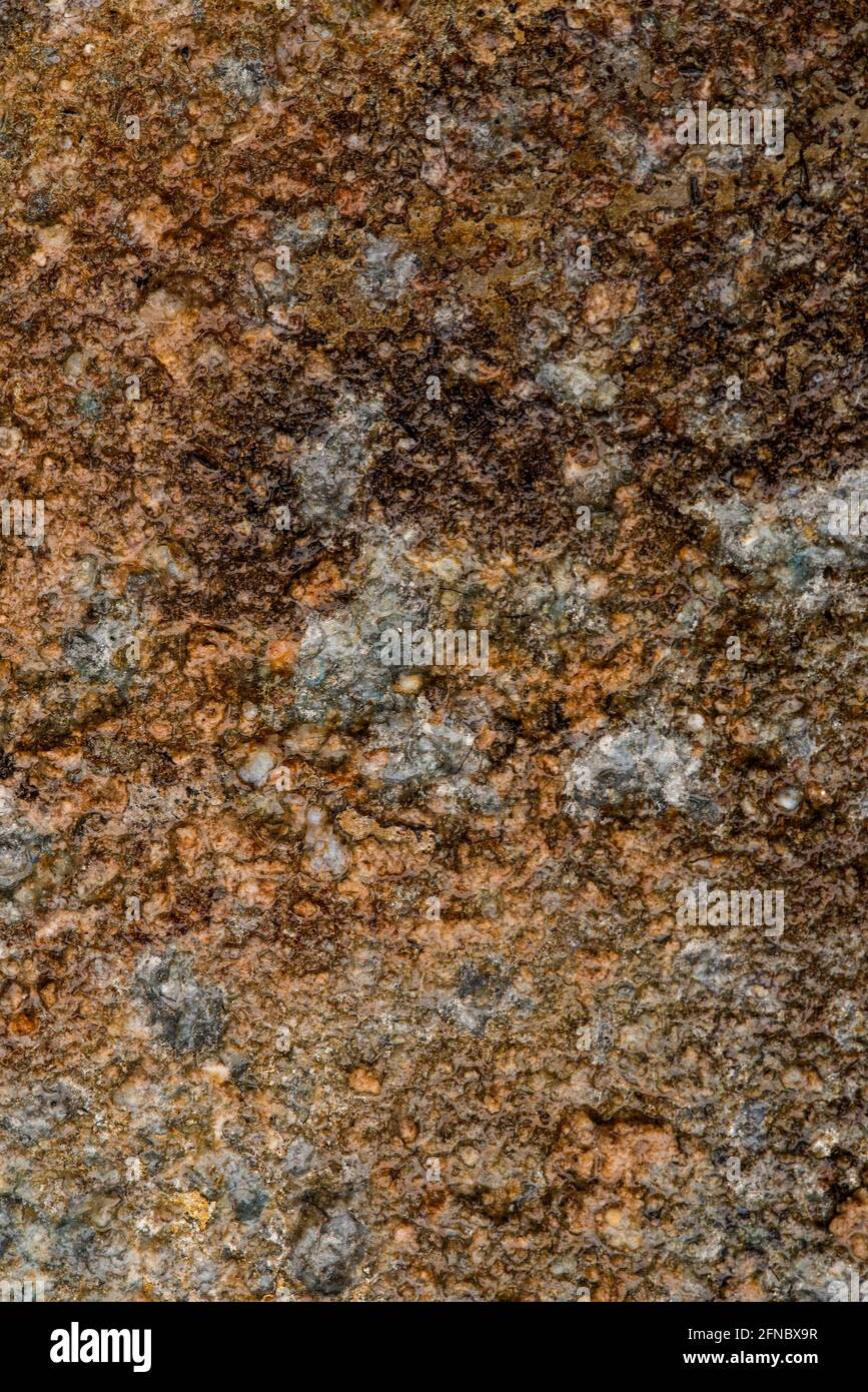 Rust stained crystallised salt on the surface of metal. Weathered, aged ...