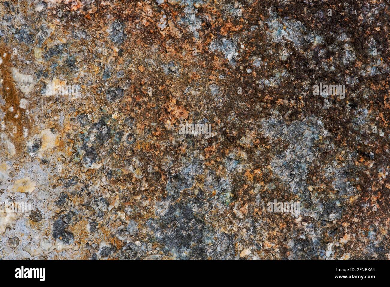 Rust stained crystallised salt on the surface of metal. Weathered, aged ...