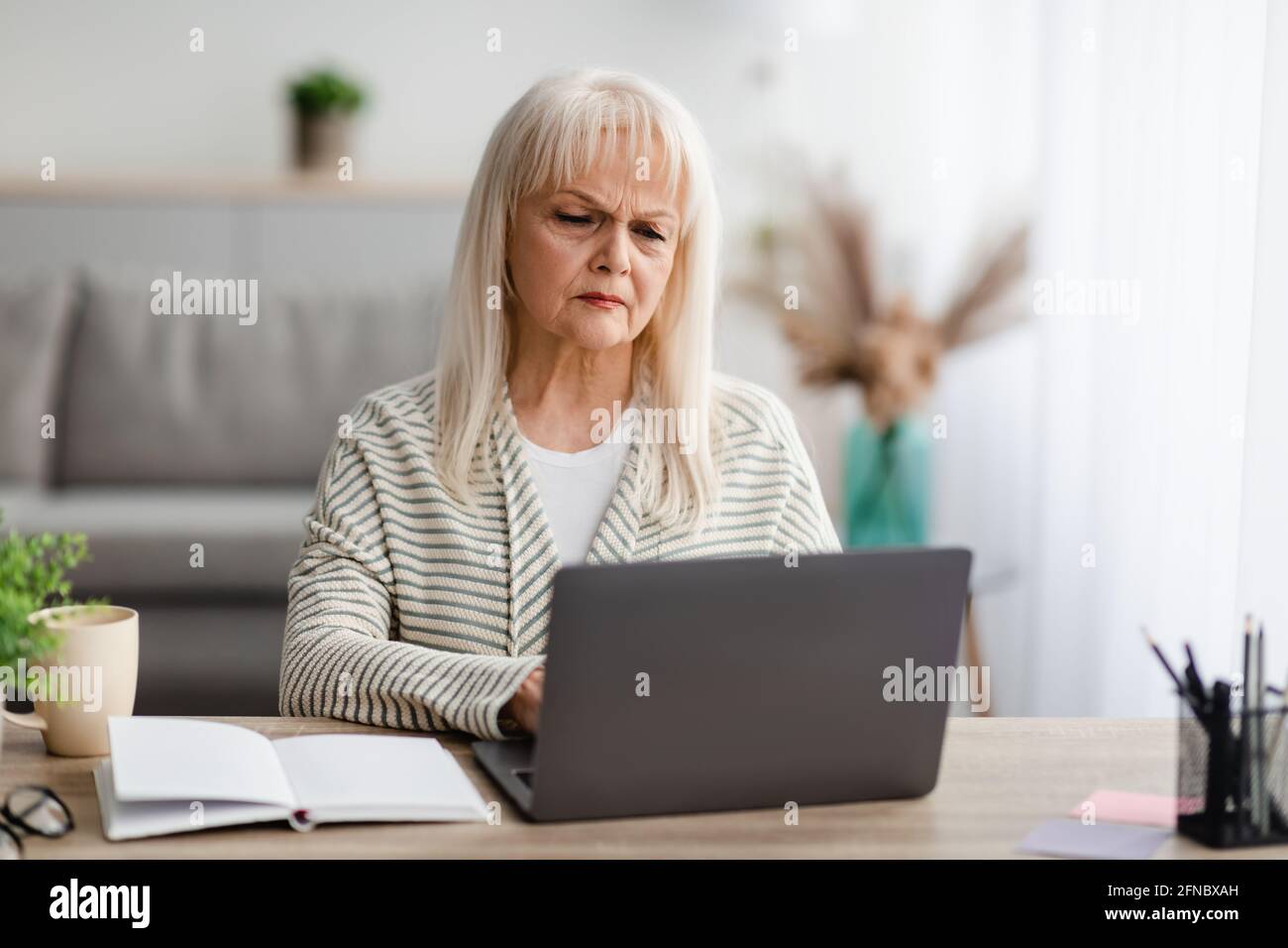 Mature woman sitting ot desk and working on computer Stock Photo - Alamy
