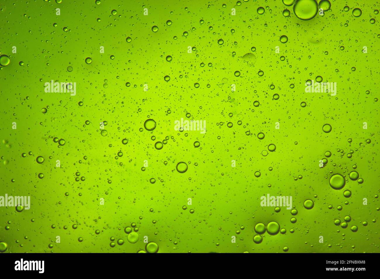 close-up view of a bright green liquid background of moving bubbles ...