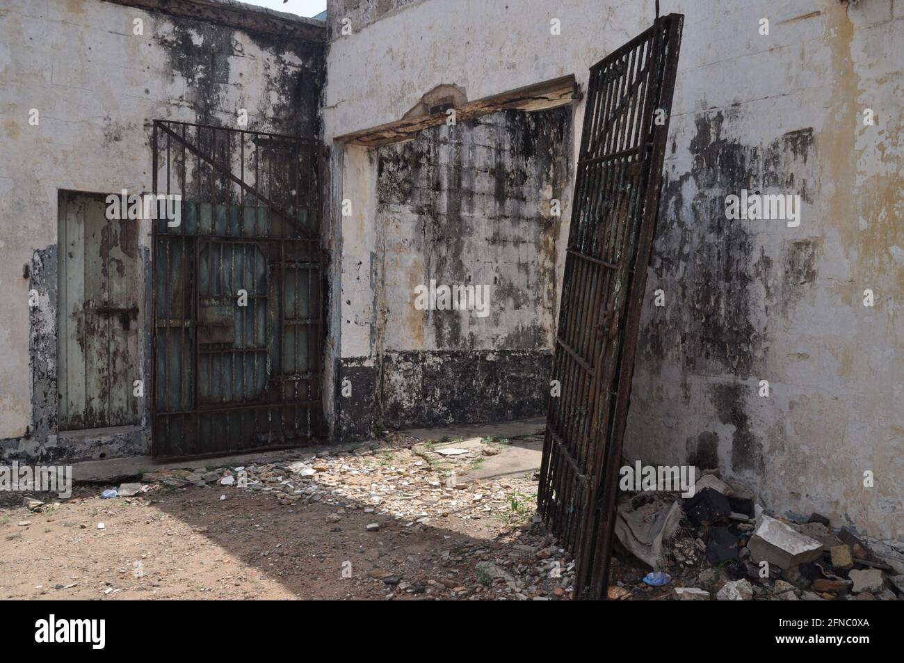 Gate of an abandoned prison in the former Ussher Fort in Accra, Ghana ...
