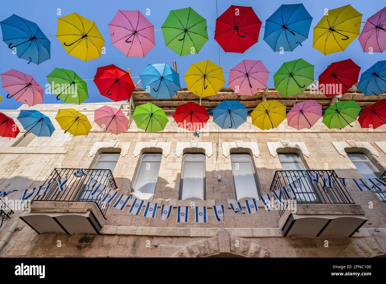 Jerusalem, Israel - April 29th, 2021:Colorful decorative umbrellas and ...
