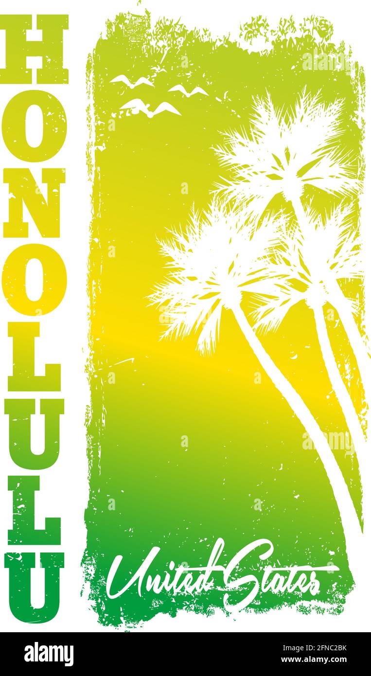 Honolulu Surfing graphic with palms. T-shirt design and print Stock ...