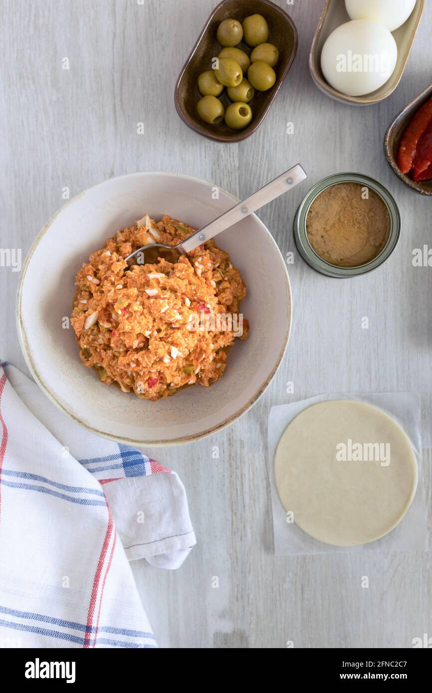 Healthy pastie ingredients over a white wooden table Stock Photo - Alamy