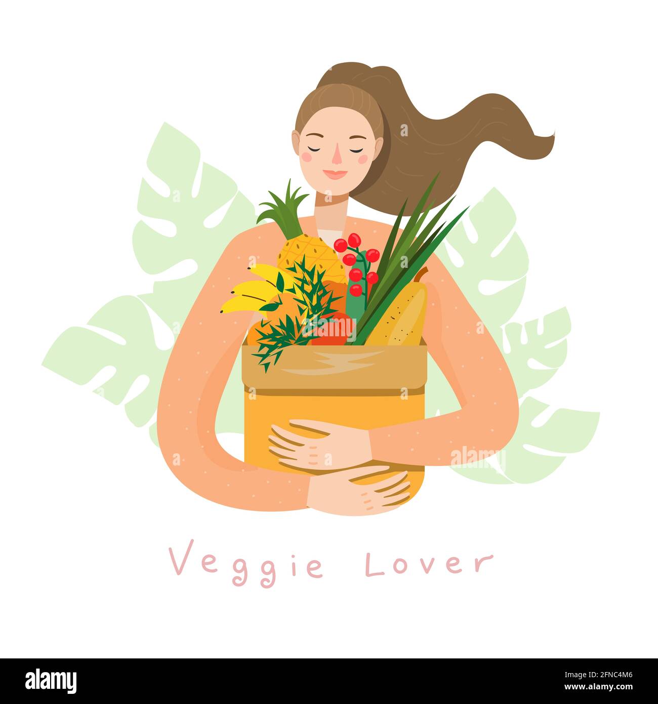 Young Woman holding natural fruits and vegetables in grocery paper bag ...