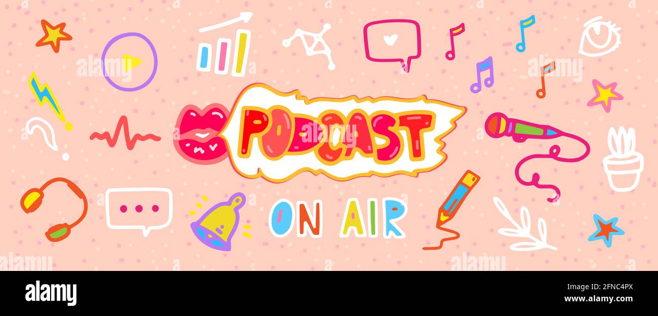 Female podcast banner with hand drawn doodle elements with broadcast ...
