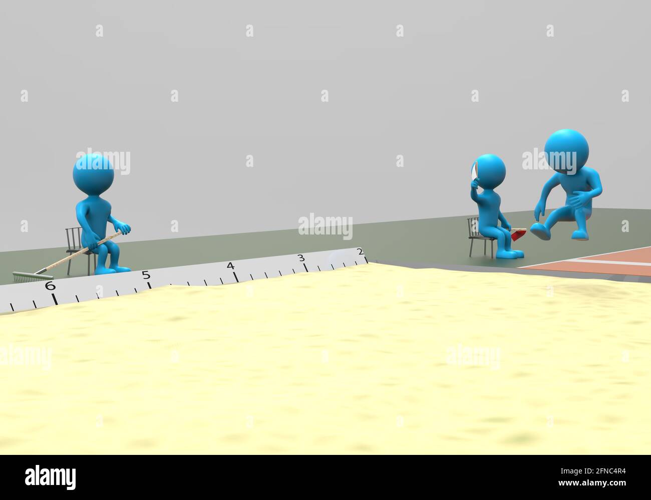 3d rendering of balloonhead cuties, doing a long jump Stock Photo - Alamy