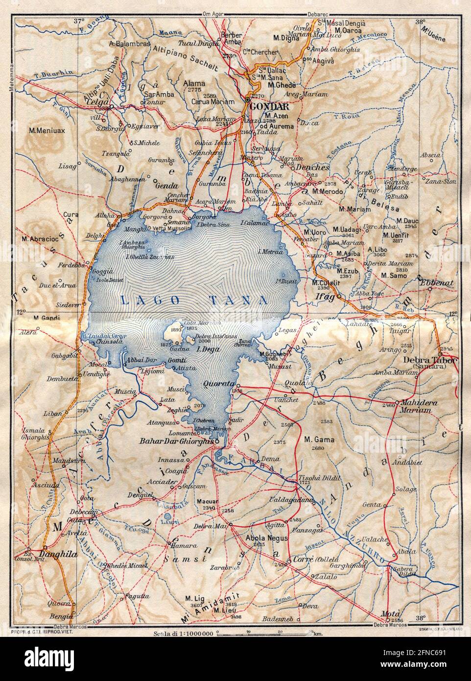 Ancient map of Tana Lake region, Ethiopia (image from Italian Eastern ...
