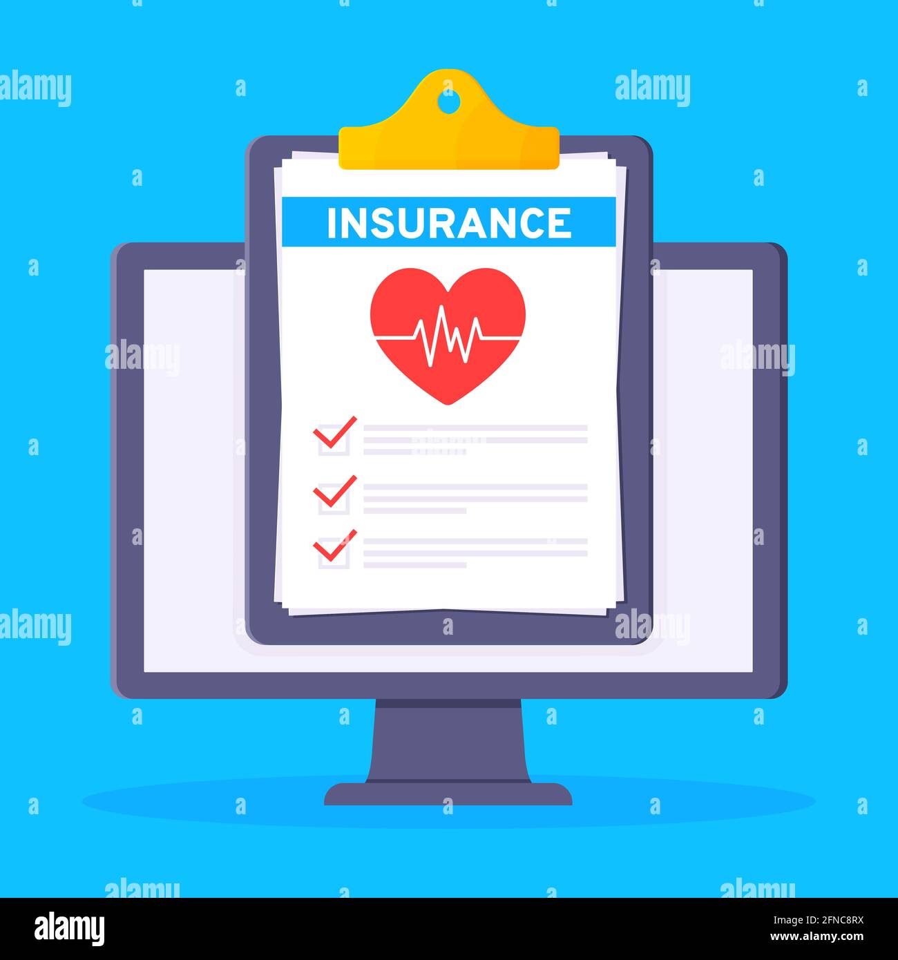 Monitor screen with medical insurance claim form on it, paper sheets ...