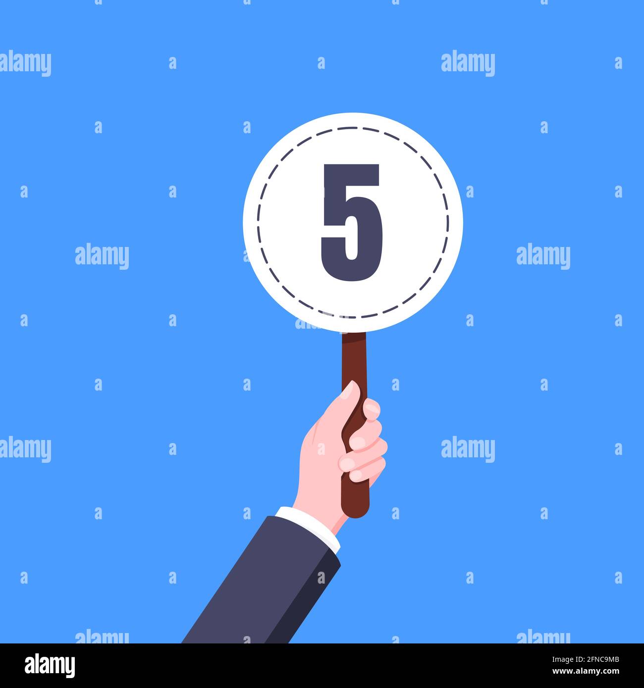 Hand hold round score card banner plate with number 5 business concept ...