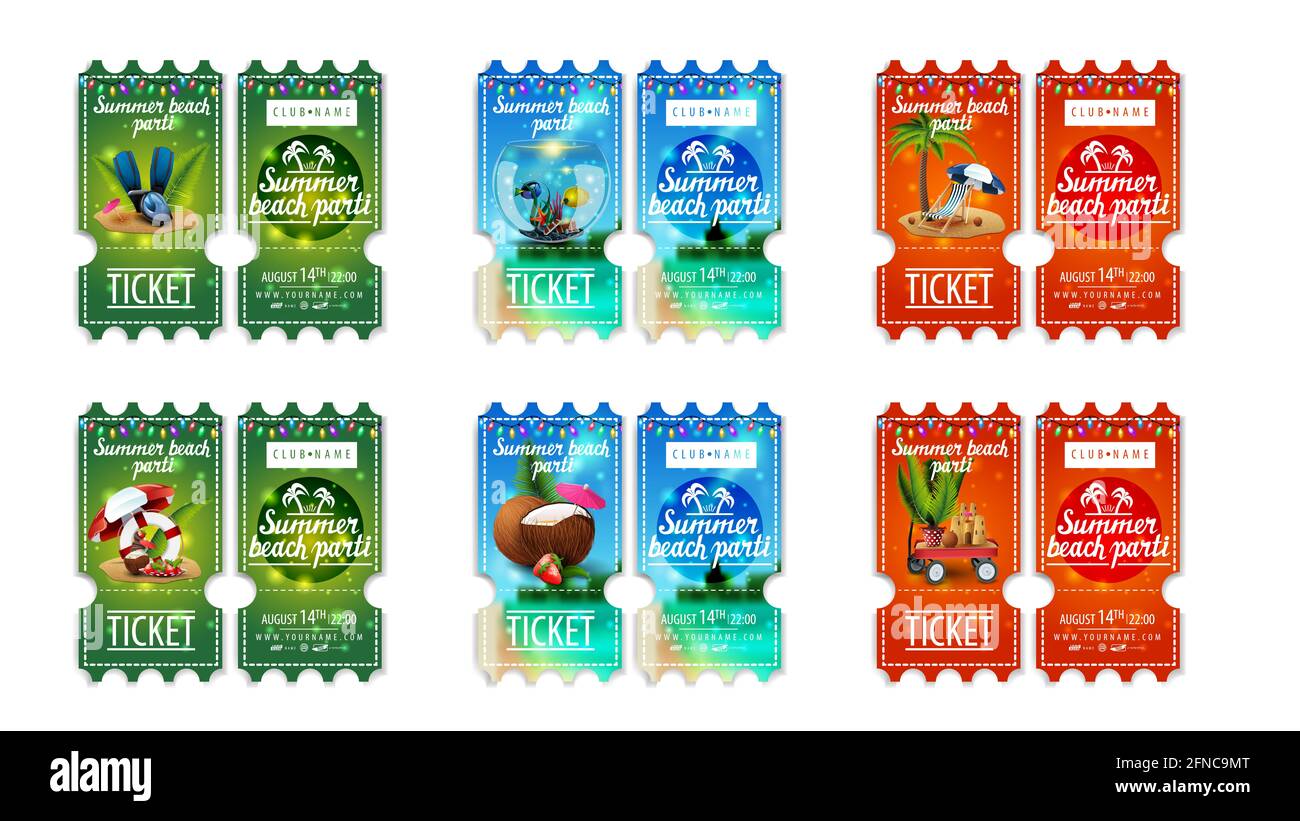 Large set colorful tickets to summer beach party with summer icons ...
