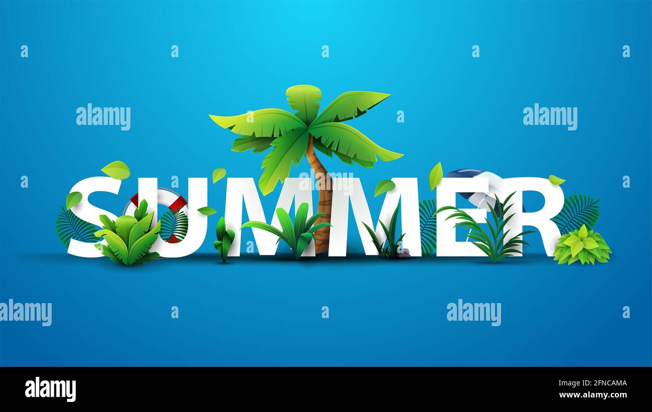 Summer 3d text banner design with white title and tropical elements in ...