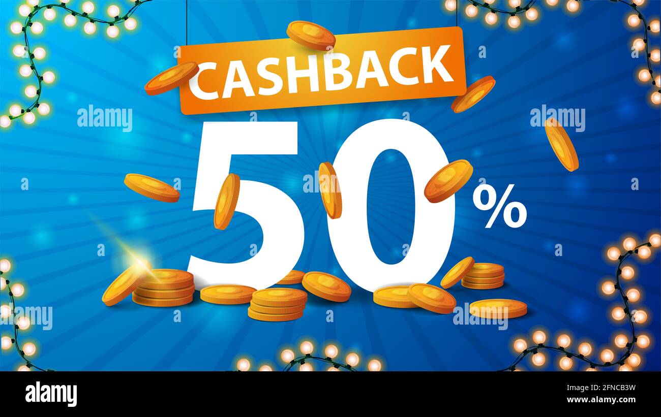 Blue cashback banner with large numbers of percent 50 with gold coins ...