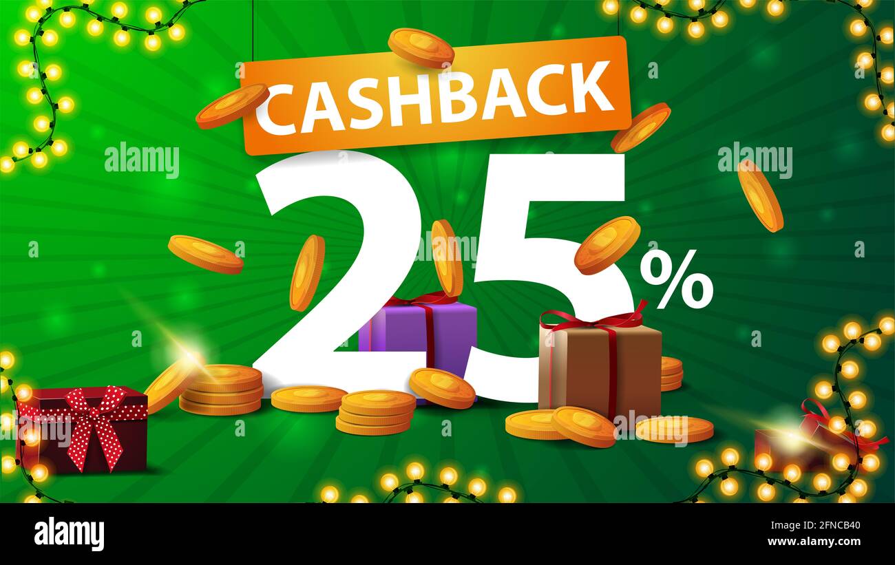 Green cashback banner with large numbers of percent 25 with gold coins ...