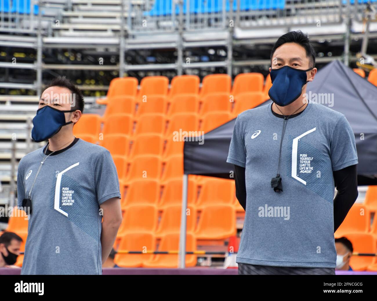 Tokyo, Japan. 16th May, 2021. A referee wearing a customised face masks ...