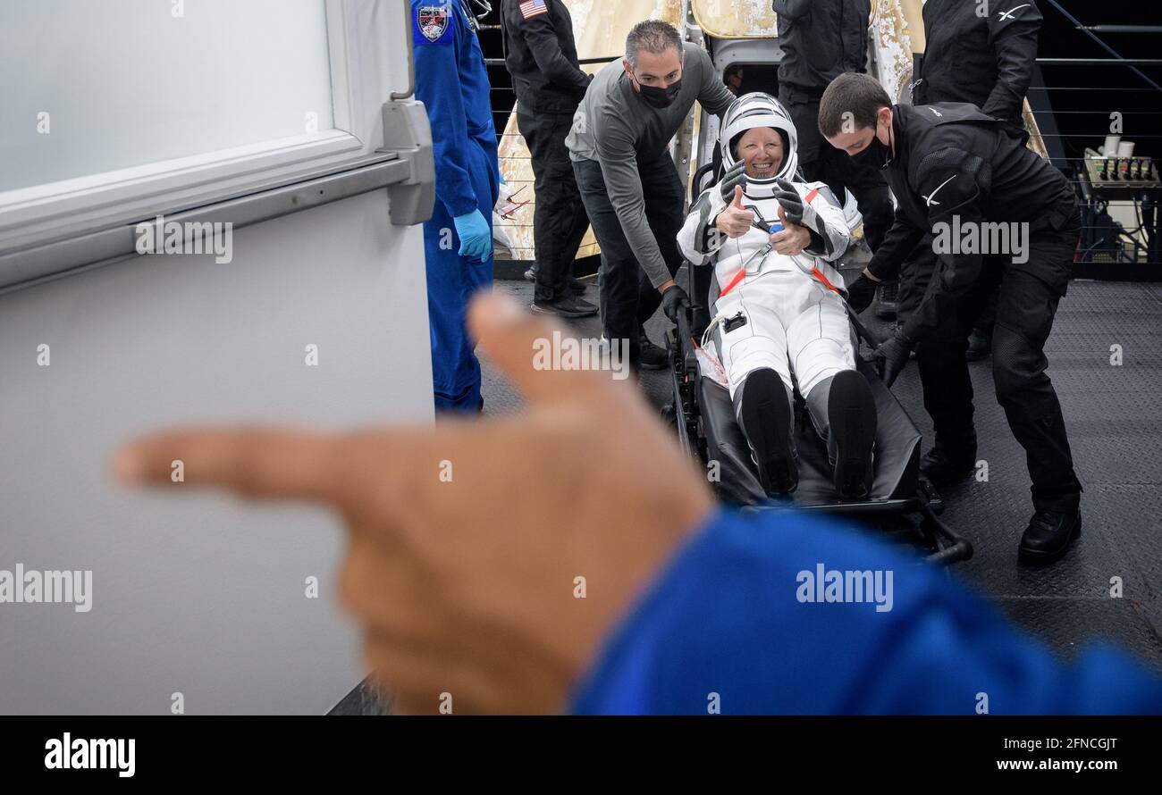 NASA astronaut Shannon Walker smiles and gives a thumbs up after being ...