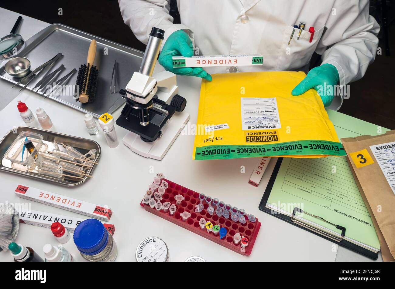 police scientist takes data from evidence box in crime lab, conceptual ...