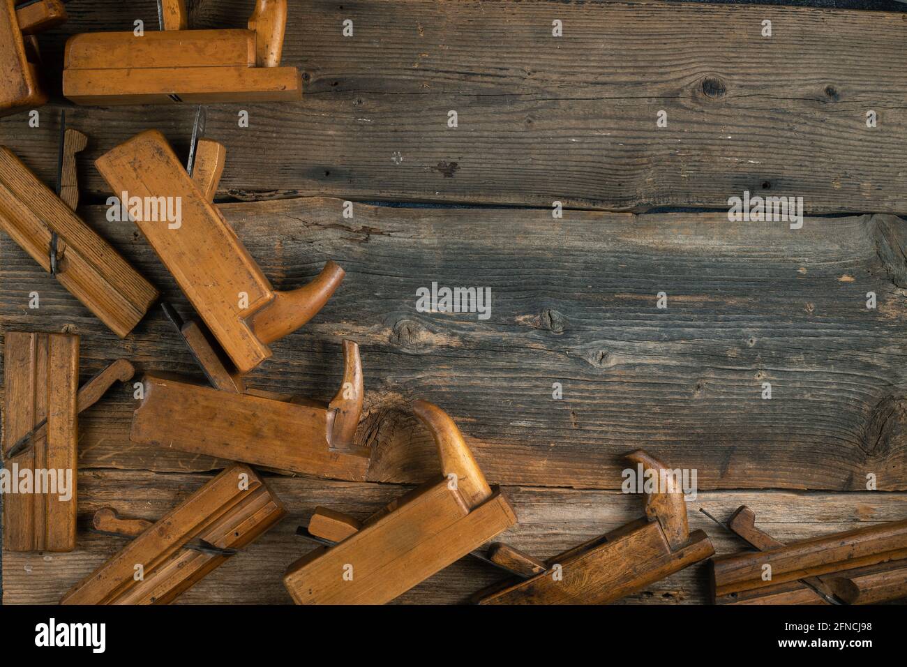 Joinery tools on wood table background with copy space Stock Photo - Alamy