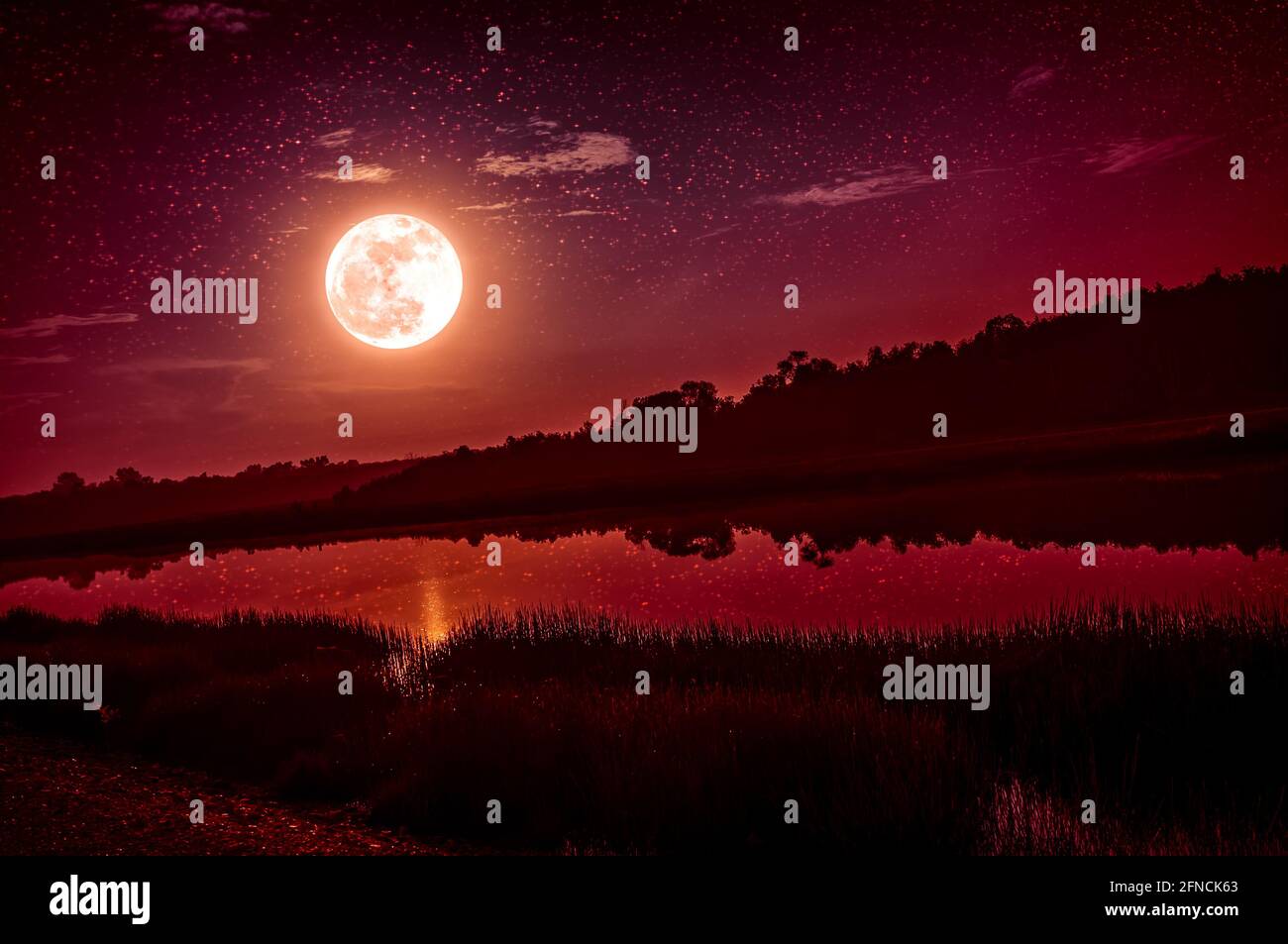 Beautiful landscape of red sky with many stars and full moon above ...