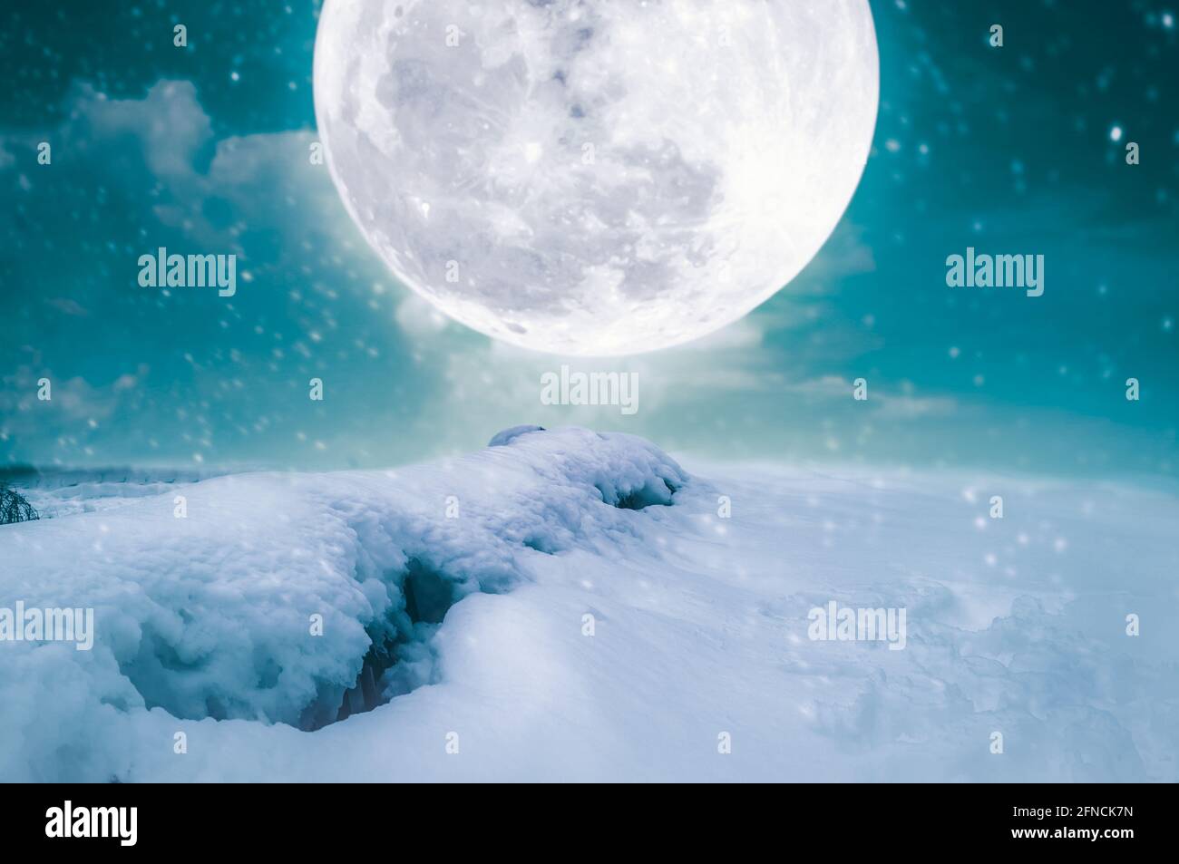 Photo Manipulation. Landscape at snowfall with supermoon. Majestic ...