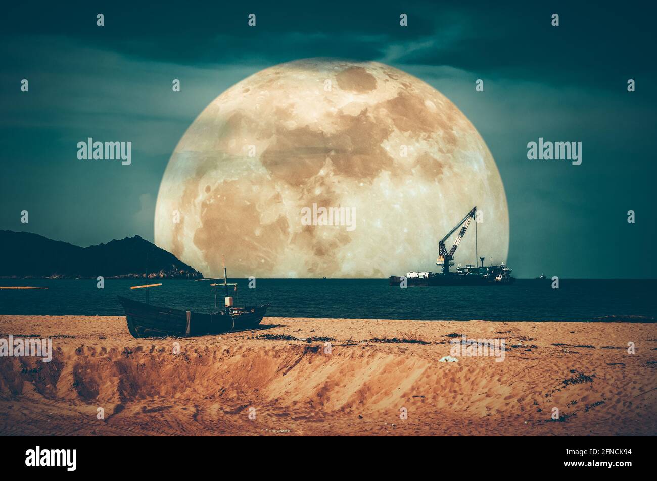Photo Manipulation. Beautiful night sky with super moon above cargo ...