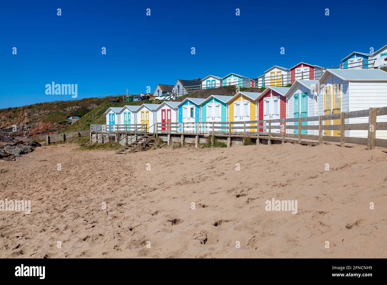 Colourful beach huts at Summerleaze Beach Bude Cornwall England UK ...