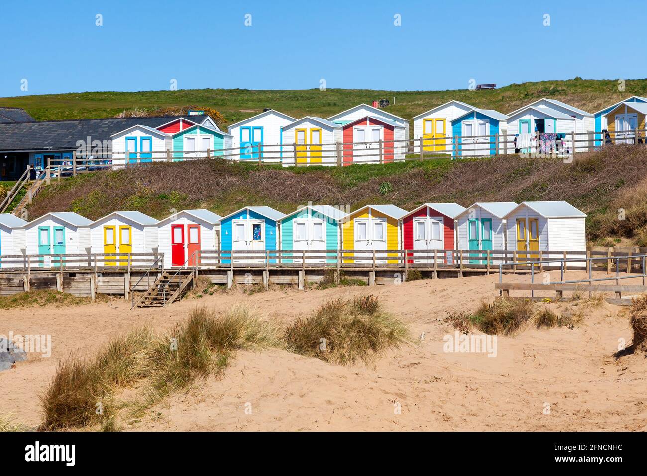 Colourful beach huts at Summerleaze Beach Bude Cornwall England UK ...