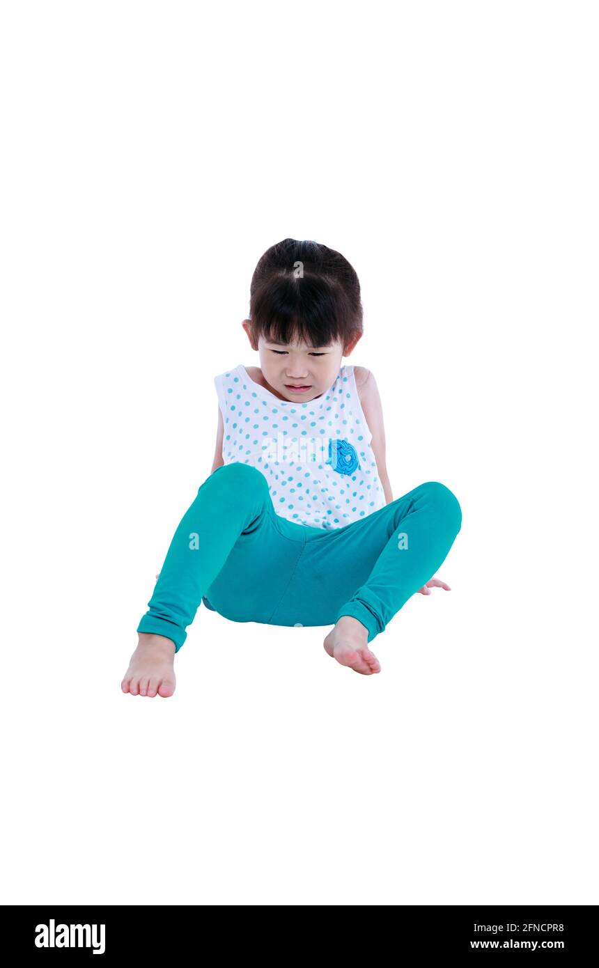 Full body of child got accident. Sad asian girl fall down and feel pain ...